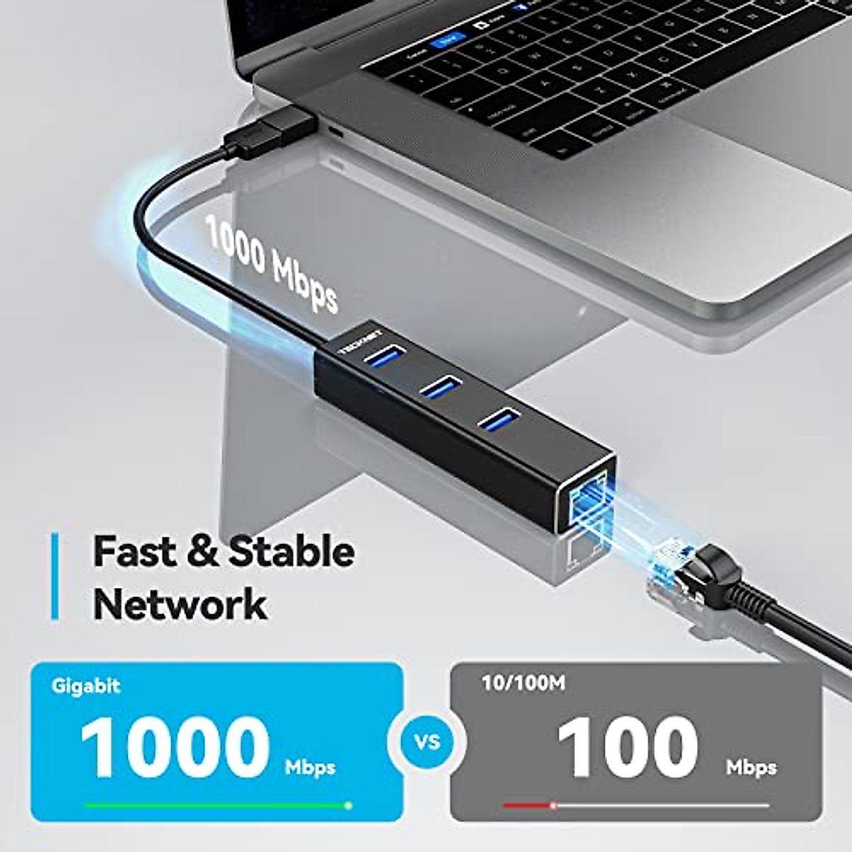 TECKNET USB to Ethernet Adapter, USB C to Ethernet, Aluminum 3 Port USB 3.0 Hub with RJ45 10/100/1000 Gigabit Ethernet Adapter Converter LAN Wired, USB Network Adapter with USB C Adapter for Laptop