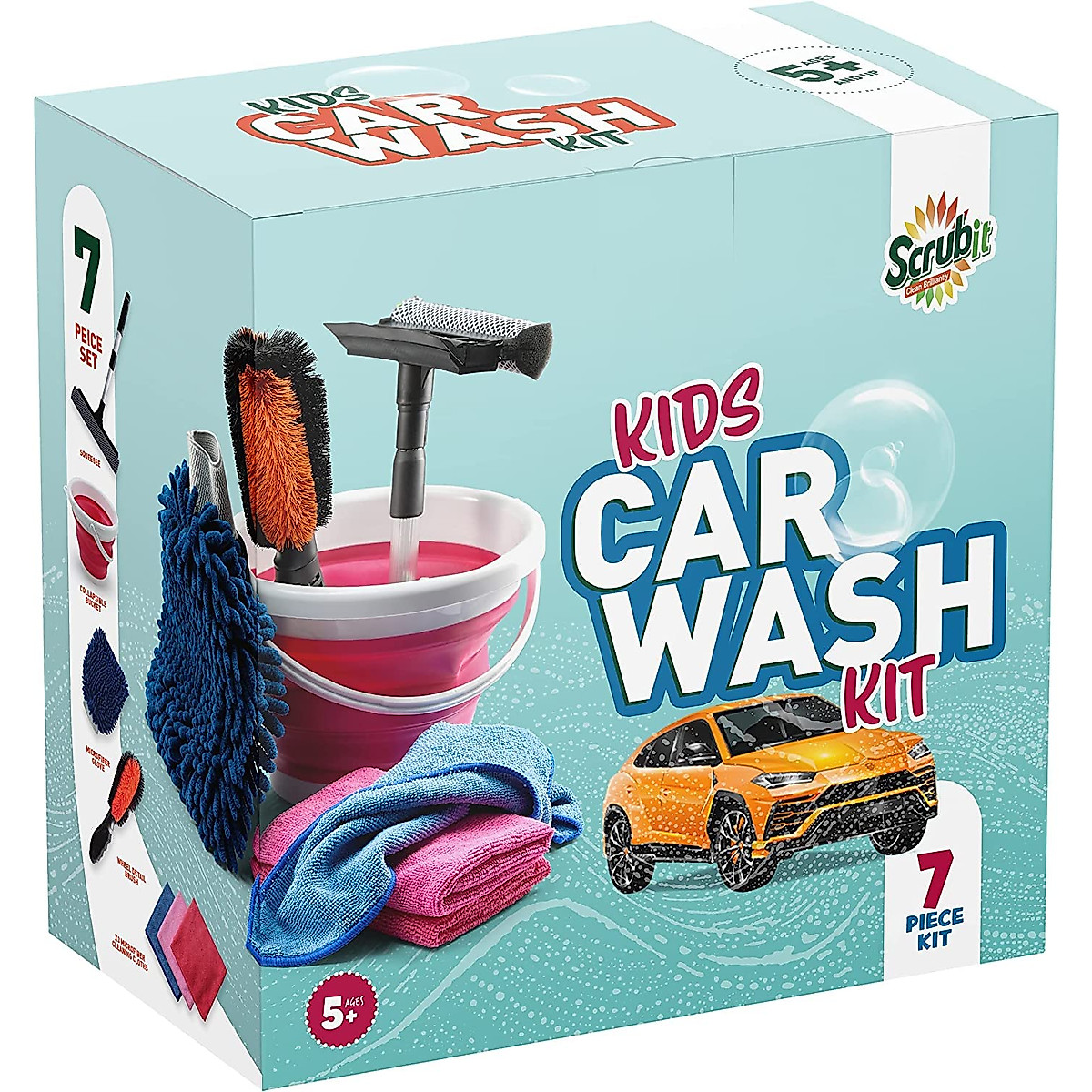 Kids Car Wash Activity Kit – 7 Kid-Sized Carwash Accessories Gifts for Boys & Girls Ages 5 6 7 8-10 - Outdoor Fun Toys – Set Includes Bucket, Squeegee, Microfiber Mitt, Wheel Brush, 3 Cleaning Cloths