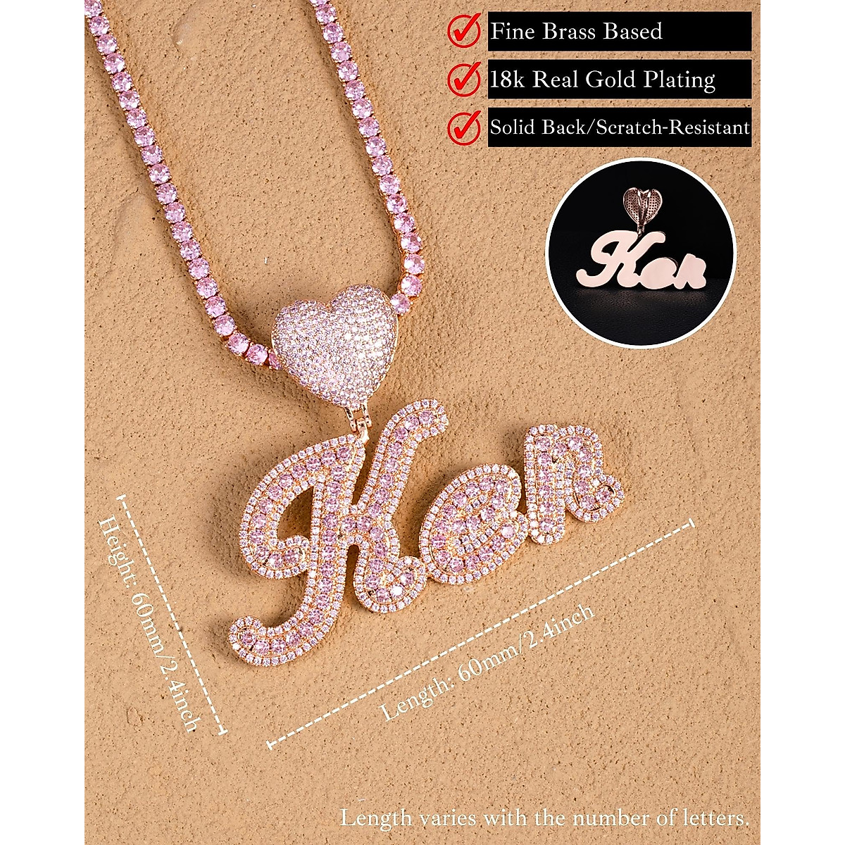 Iced Out Custom Name Necklace with Cuban Link Chain for Man Women, Hip Hop 14k Real Gold Plated Personalized Initial Letter Pendant Necklaces, Handmade Customized Nameplate Jewelry Gifts for Women Men (Heart Rose Gold/Pink)