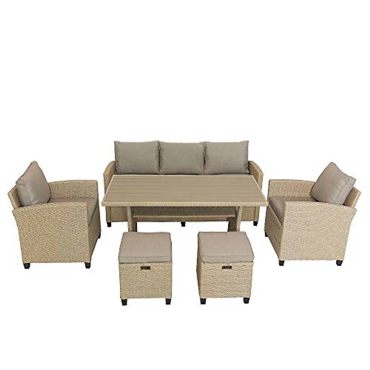 HHOK 6 Pieces Patio Furniture, Outdoor Sectional Sofa PE Rattan Table, Chair and Stools for Porch Lawn Garden Backyard, K-Brown Wicker Conversation Sets