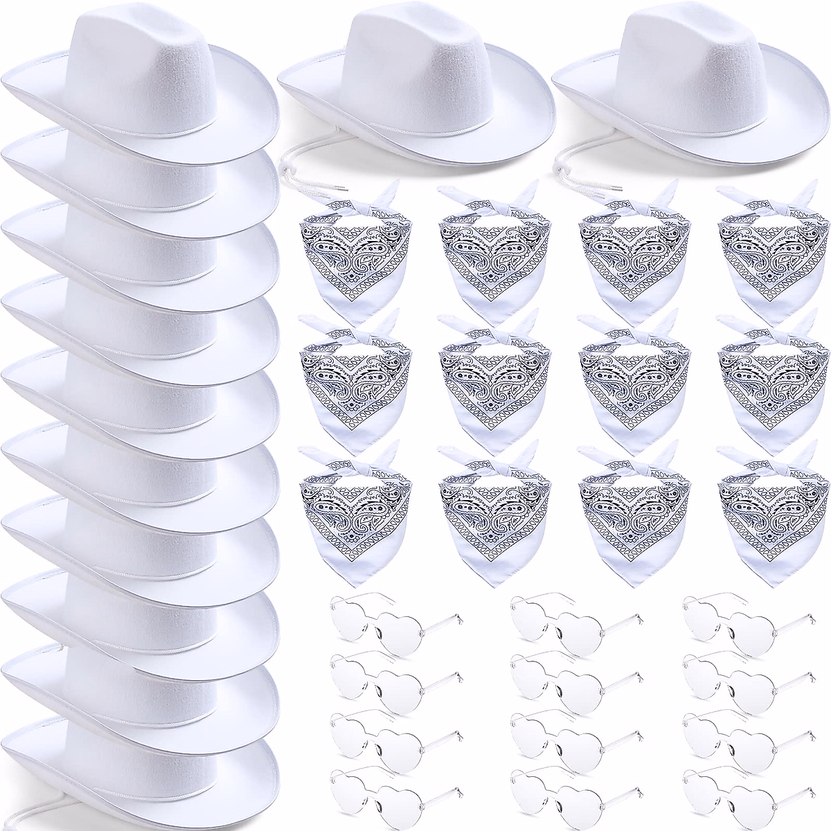 36 Pieces Adult Cowboy Hat with Bandanna Heart Sunglasses Unisex Felt Cowboy Hat Men Women Western Party Hat Cowboy Costume (White)