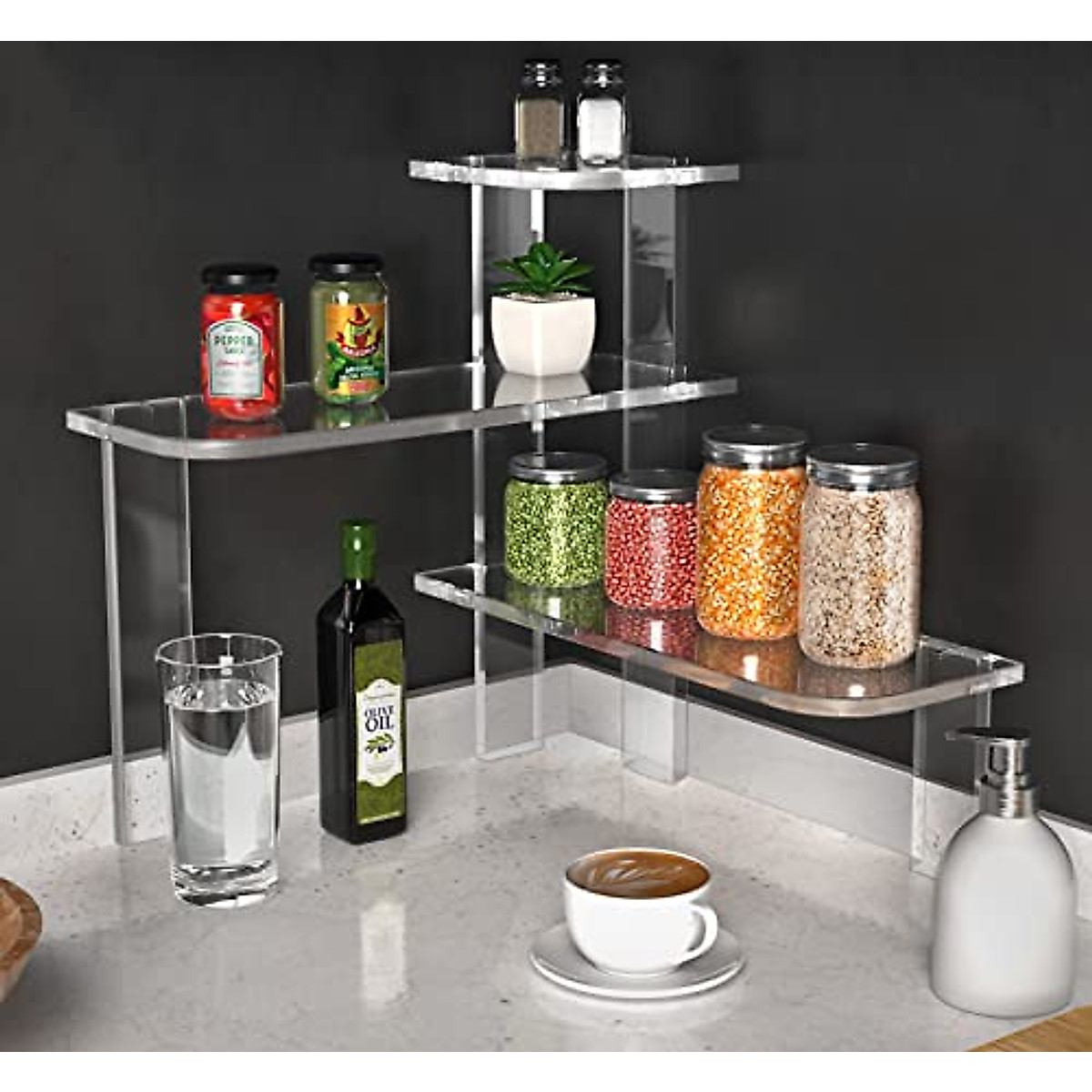 STAUBER Best Acrylic Countertop Corner Shelf Organizer (Clear) - 3 Tier Shelves for Kitchen or Bathroom - Storage Display Counter Shelves