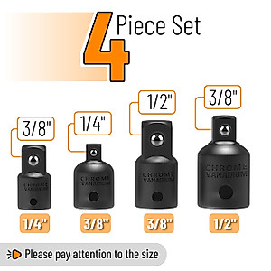 Bates- Impact Socket Adapter and Reducer Set, 4-pcs, Impact Sockets Adapter Sets, Impact Adapter, Socket Adapter Set, 1/2 to 3/8 Socket Adapter, 3/8 to 1/2 Socket Adapter, 3/8 to 1/4 Socket Adapter