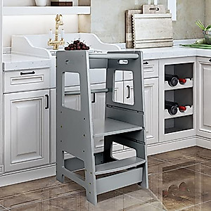 DEARYOU Toddler Stool Tower,Toddler Kitchen Stool, Kitchen Standing Helper Stool for Toddlers, Toddler Stool for Kitchen Counter, Learning Kitchen Tower for Toddlers, Helper Standing Tower, Grey