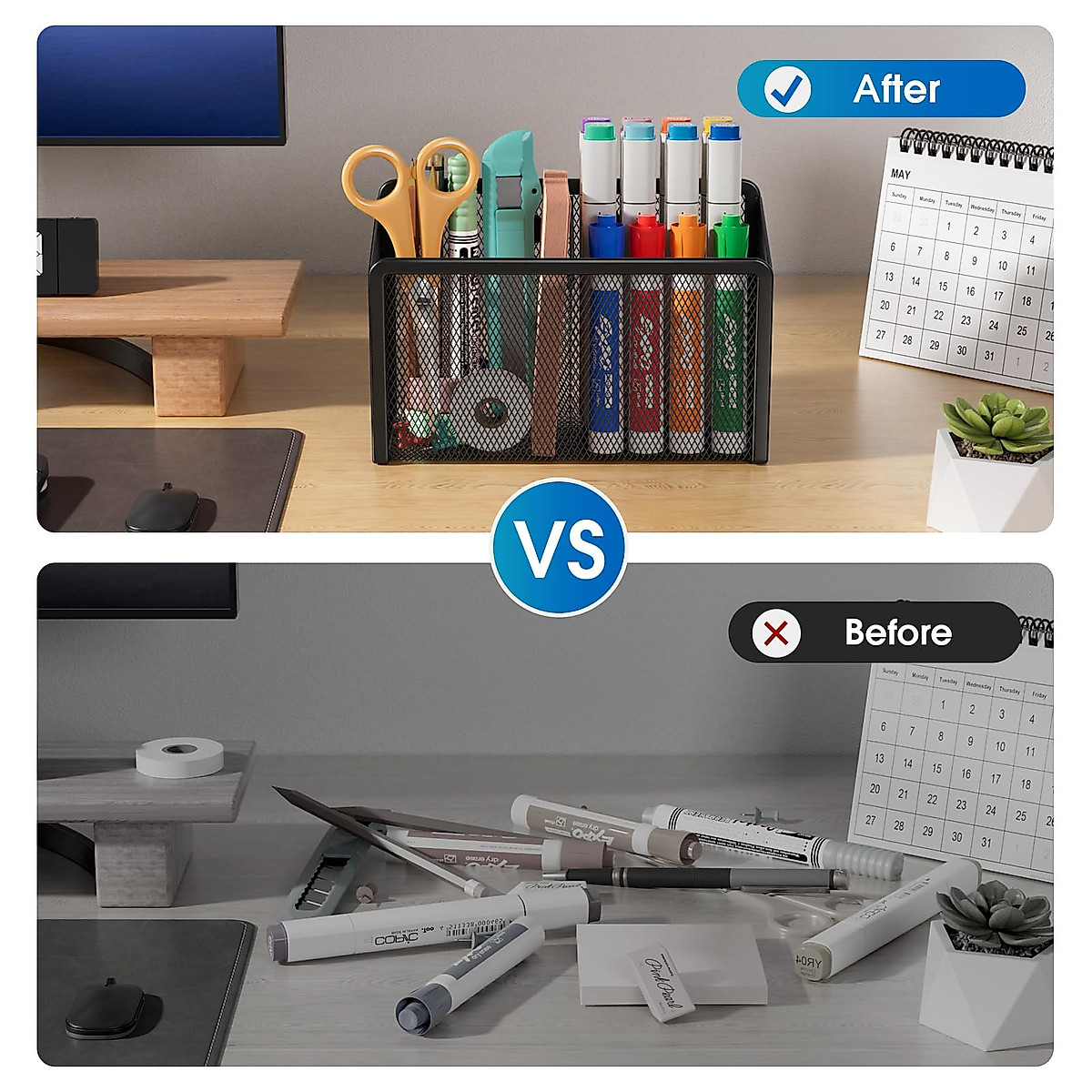 MaxGear Magnetic Pen Holder, Mesh Pencil Holder for Desk Storage Basket Organizer Marker Holder - Extra Strong Magnets Perfect for Locker Accessories, Refrigerator, Whiteboard, 2 Basket