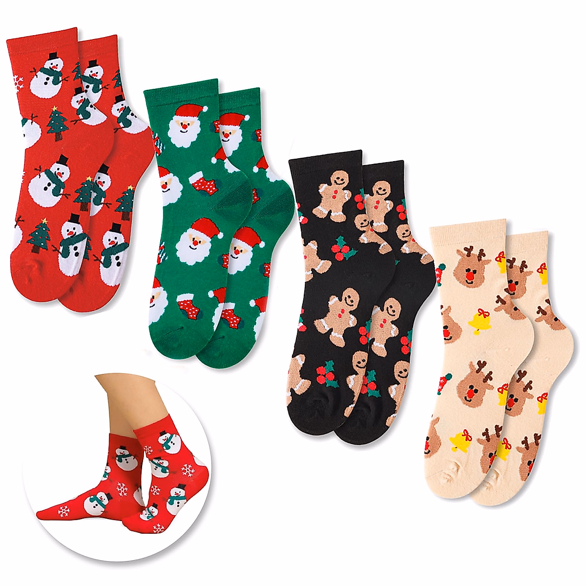 Fun Novelty Christmas Socks Xmas Holiday Casual Crew Socks For Unisex,Santa Claus Fun Socks For Women 4PACKS
