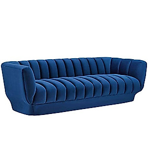 Modway Entertain Vertical Channel Tufted Performance Velvet Sofa Couch in Navy
