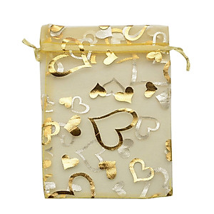 YYaaloa 100PCS Mini Sheer Heart Mixed Organza Bags 7X9 cm/2.7X3.5 inches, Drawstring Chic Gift Beauty Bags, Wedding Favor Bags Candy Jewelry Gift Bags (Gold, 2.7x3.5 inch)