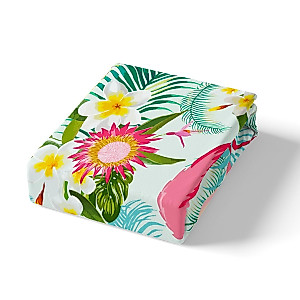 Tropical Flamingo Bedding Set Full Size, Pink Flamingo Fitted Sheet Palm Tree Print Bedding Set Botanical Bed Cover with 2 Pillow Case (No Flat Sheet)