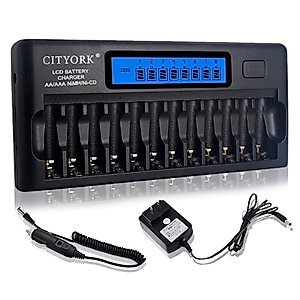 CITYORK 12 Slot LCD Smart Rechargeable Battery Charger Fast for 1.2V AA AAA NiMH Rechargeable Batteries with Car Charger