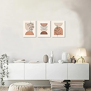 Minimalist Boho Wall Art Set of 3, Mid-Century Modern Wall Prints, Framed Neutral Abstract Geometric Prints Moon Botanical Artwork Paintings Posters Large Boho Wall Decor Ready To Hang for Bathroom Bedroom Living Room Boho Room Decor (12"x16")