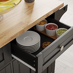 Squireewo Kitchen Cart with Rubber Wood Top Breakfast Bar, Rolling Mobile Kitchen Island Table on Wheels with Drawer and Storage Cabinet, Spice Rack, Towel Rack, Black