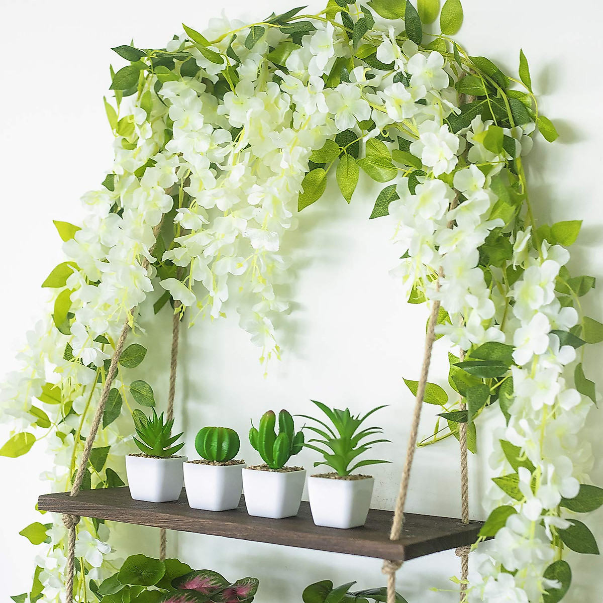 COOWAS 4pcs Artificial Flowers (Total 24Feet) Silk Wisteria Garland Hanging Vines Fake Plants Greenery for Wedding Party Outdoor Garden Office Home Kitchen Bedroom Wall Decor White