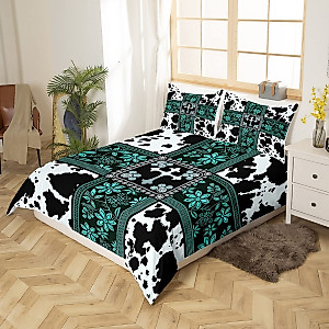 Erosebridal Cow Print Bedding Queen Floral Turquoise Decor Comforter Cover Western Cow Decor Duvet Cover Vintage Farmhouse Style Bedding Set Rustic Milk Cow Print Bedspread Cover,Black Green 3Pcs