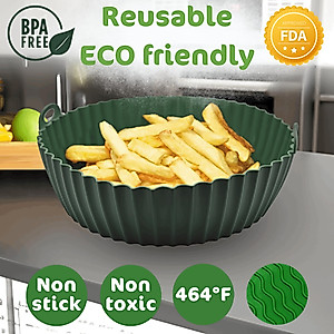 MG ONE 2-Pack Reusable Silicone Air Fryer Liners - Silicone Air Fryer Accessories - Silicone Air Fryer Basket, 8.5 inch Green+Beige Liners For 5 Qt or Bigger Air Fryer