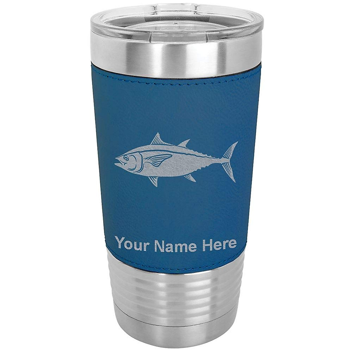 LaserGram 20oz Vacuum Insulated Tumbler Mug, Tuna Fish, Personalized Engraving Included (Faux Leather, Blue)