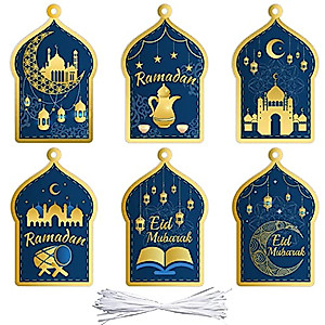 WATINC 60pcs Ramadan Hanging Tag Labels Decorations, Eid Mubarak Hang Ornaments with Ribbons for Wall Tree Fireplace, Ramadan Kareem Eid Al-fitr Party Gift Wrap Tag Present Decor Supplies (Blue)