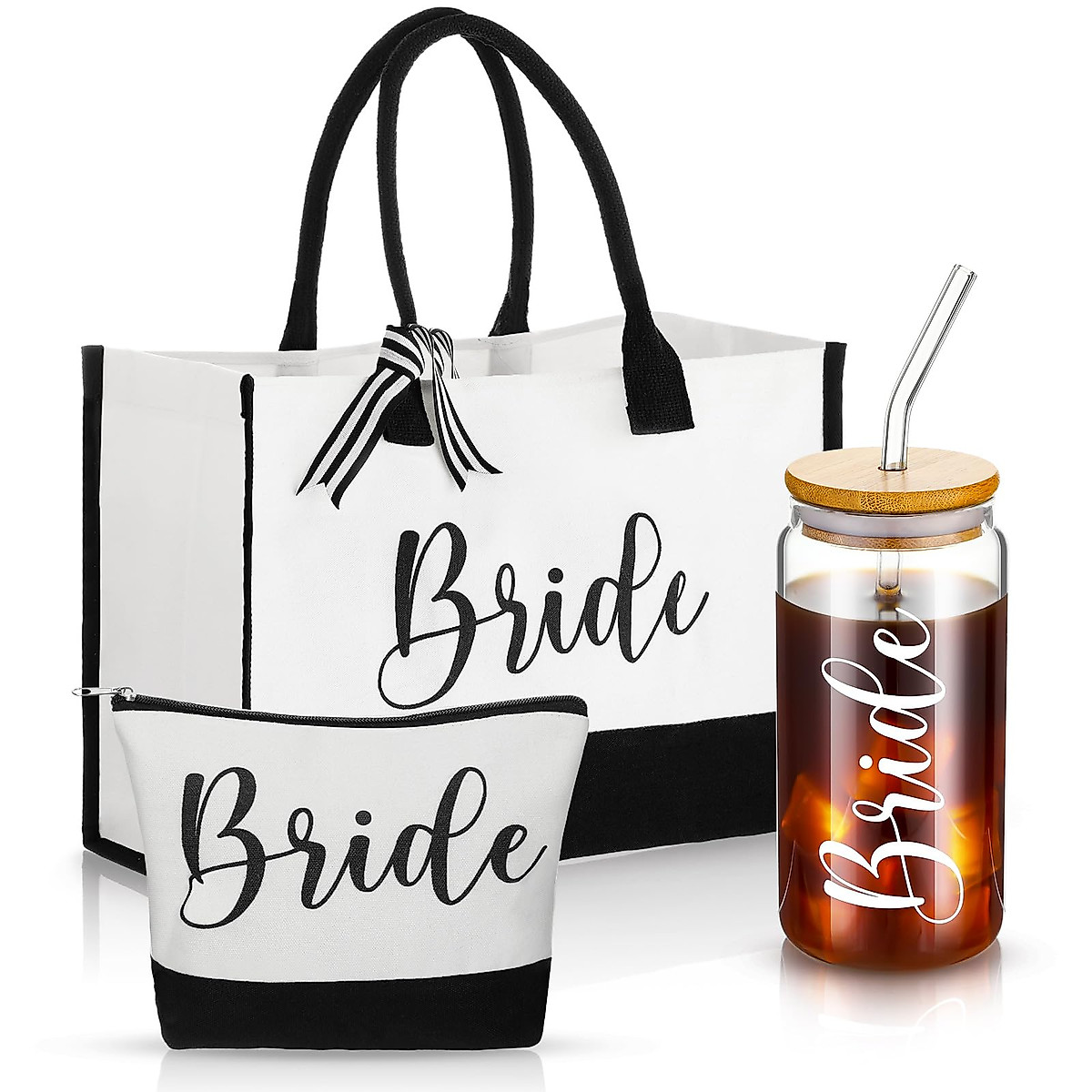 Zubebe 3 Pcs Bride Gifts Set for Bridal Shower Include Glass Cup Canvas Tote Bag Makeup Bag for Honeymoon Gift(Bride)
