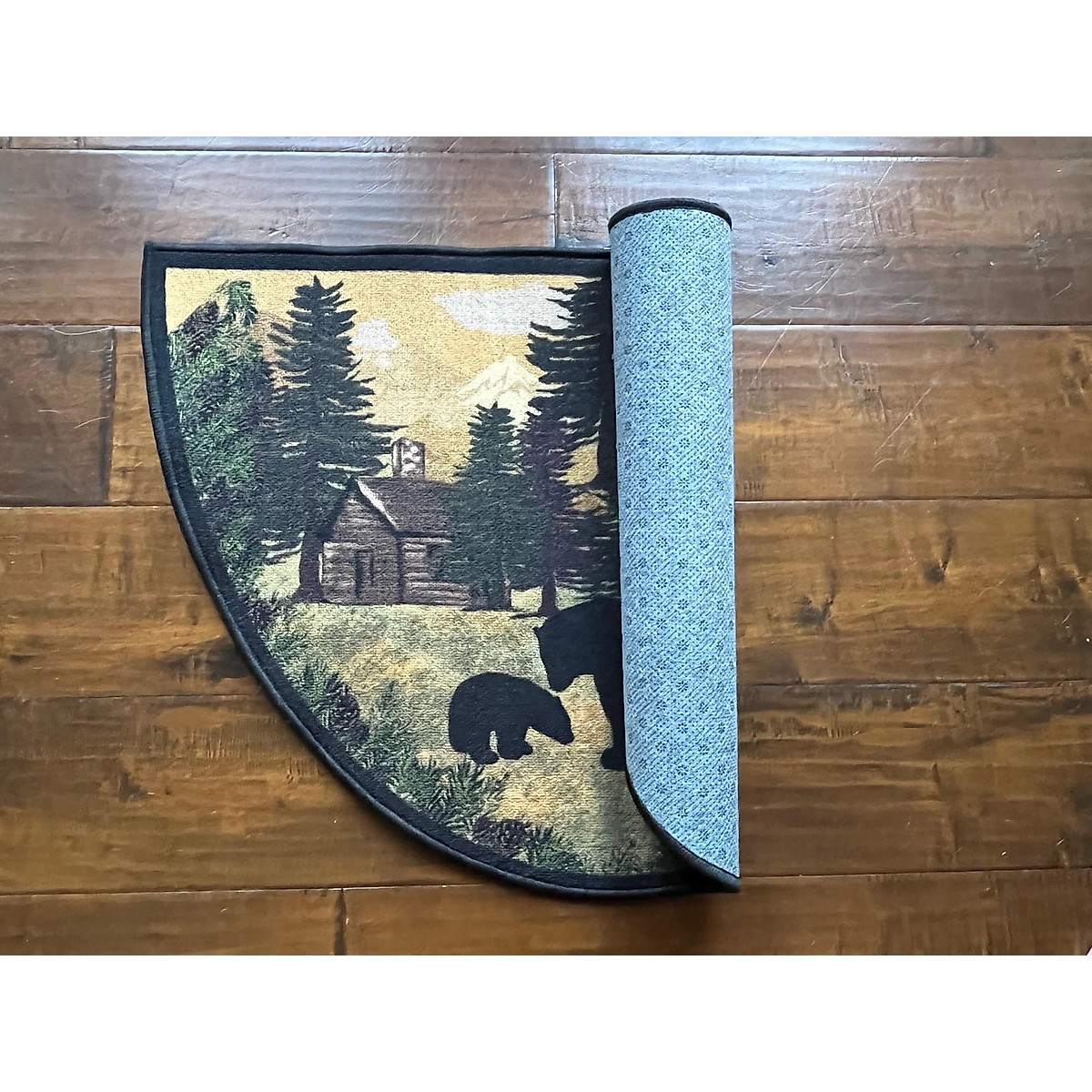 Cozy Floor Mats Hearth Rug for Fireplace, Bear & Cub, Non Slip Kitchen Mat, Green Black Gold Cream, Half Circle, Fire Resistant, Nature, Half Round, Heat Resistant, Cabin Rug (26"x 39")