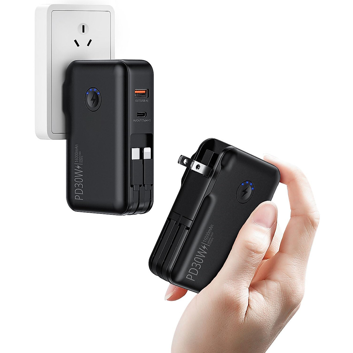 Portable Charger, Power Bank, 16000mAh Power Bank Built-in AC Wall Plug and Cables, PD 30W and QC4.0 Fast Charger for iPhone and Android Phones and Most Electronic Devices (Black)