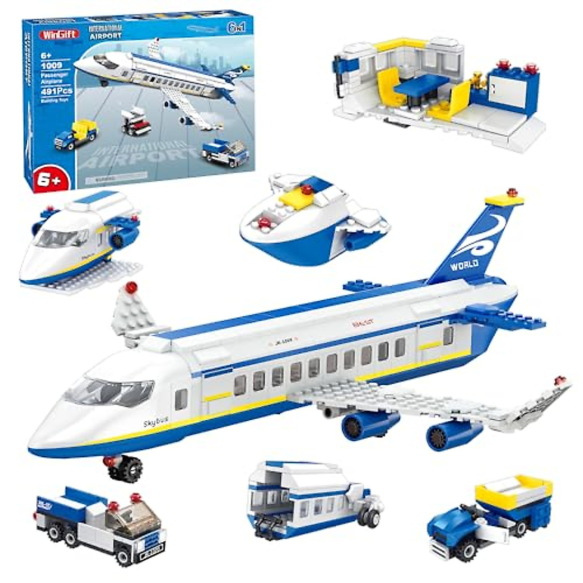 WINGIFT 491 Piece City Passenger Airplane Building Set, 6 IN1 Airplane Bricks Toy-Airbus, Creative Building Projects with Shuttle Bus, Baggage Truck, Top STEM Toy for Boy and Girl Ages 6 7 8+