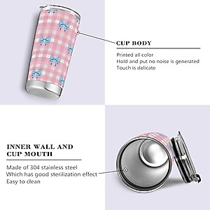 Pink Plaid Bow Stainless Steel coffee cups with lids with Straw Lid Camping Mug for camping simply flip straw tumbler 20 OZ