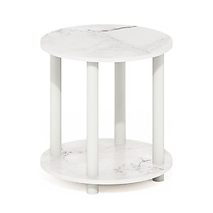 Furinno Turn-N-Tube 2-Tier Round Wooden End Table, Marble White