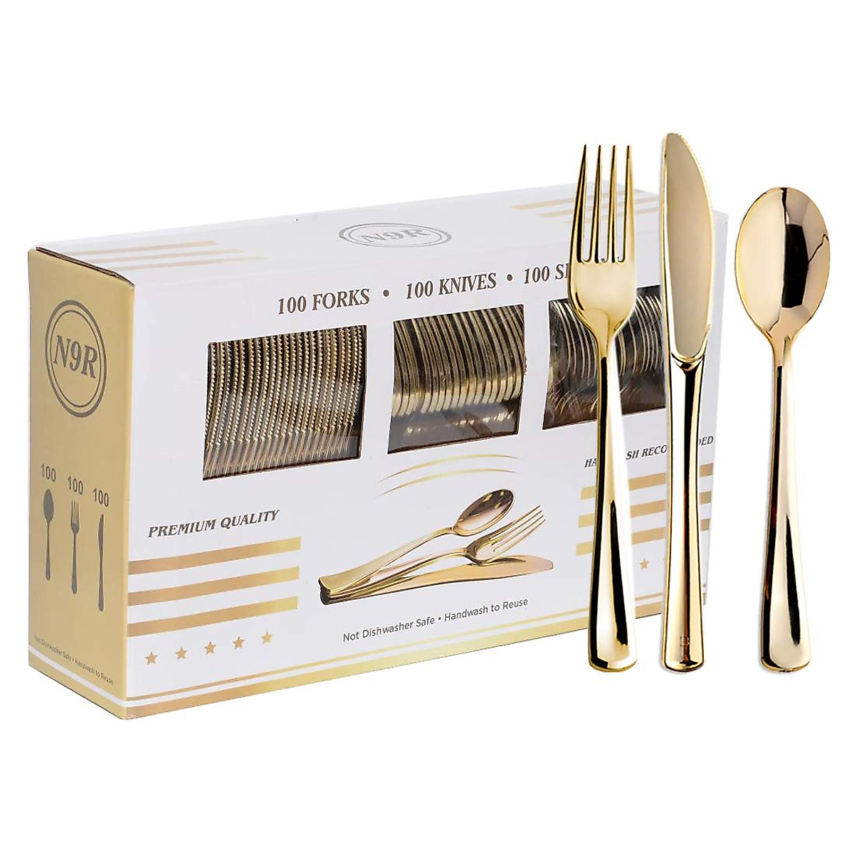 N9R 300PCS Gold Plastic Silverware, Heavy Duty Gold Plastic Cutlery Set Disposable Flatware Dinnerware, 100 Gold Forks, 100 Gold Spoons, 100 Gold Knives, Perfect for Party, Weeding and Daily Use