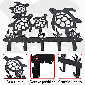 VIVICOMFY Metal Sea Turtle Coat Hooks Wall Mount-Sea Turtle hangers and Key Holder-Clothes Hat Rack and Backpack Hanger Decor for Storage, Living Room, Hallway, Office Gift (Black)