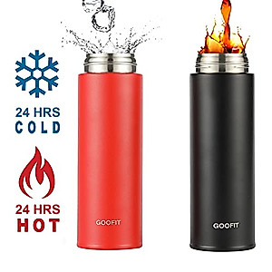GOOFIT Water Bottle Double Wall Vacuum Insulated Thermos Beverage Coffee Bottle Stainless Steel Travel Mug Thermos Flask BPA Free Keeps Cold 24H Hot 24H 16 Oz Black