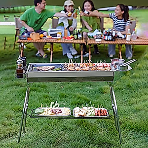 Outdoor Camping Grill Set Stainless Steel Portable Foldable Charcoal Grill, Large Size and Lightweight Design, Ldeal for Camping, Beach Parties, Picnics, Backyard BBQs and More