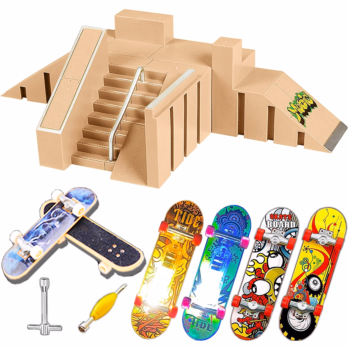 Aestheticism Finger Skateboards Kit 11 PCS, Finger Boards for Kids, Fingerboard Ramps Toys Set with Skateboards, Ramps, LED Skateboard, Screwdriver - Bigger Skateboard Ramp for Finger Board Training
