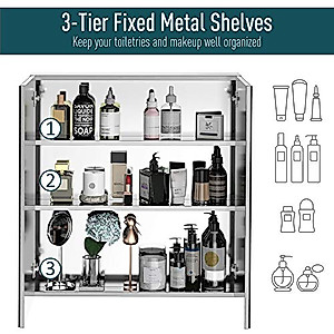 kleankin Bathroom Mirrored Cabinet, 24"x26" Stainless Steel Frame Medicine Cabinet, Wall-Mounted Storage Organizer with Double Doors, Silver