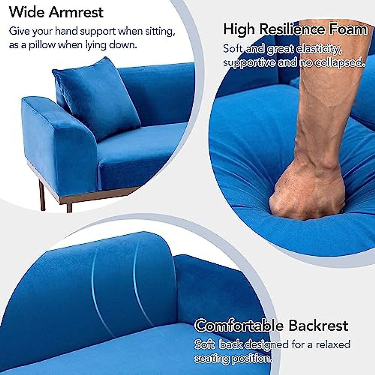 Winwee 3-Seater Sofa Couch with Metal Legs, Velvet Accent Sofa with Comfortable Seat Cushion, Modern Love-seat Sofa Couch with Two Pillows for Living Room and Bedroom (Blue)