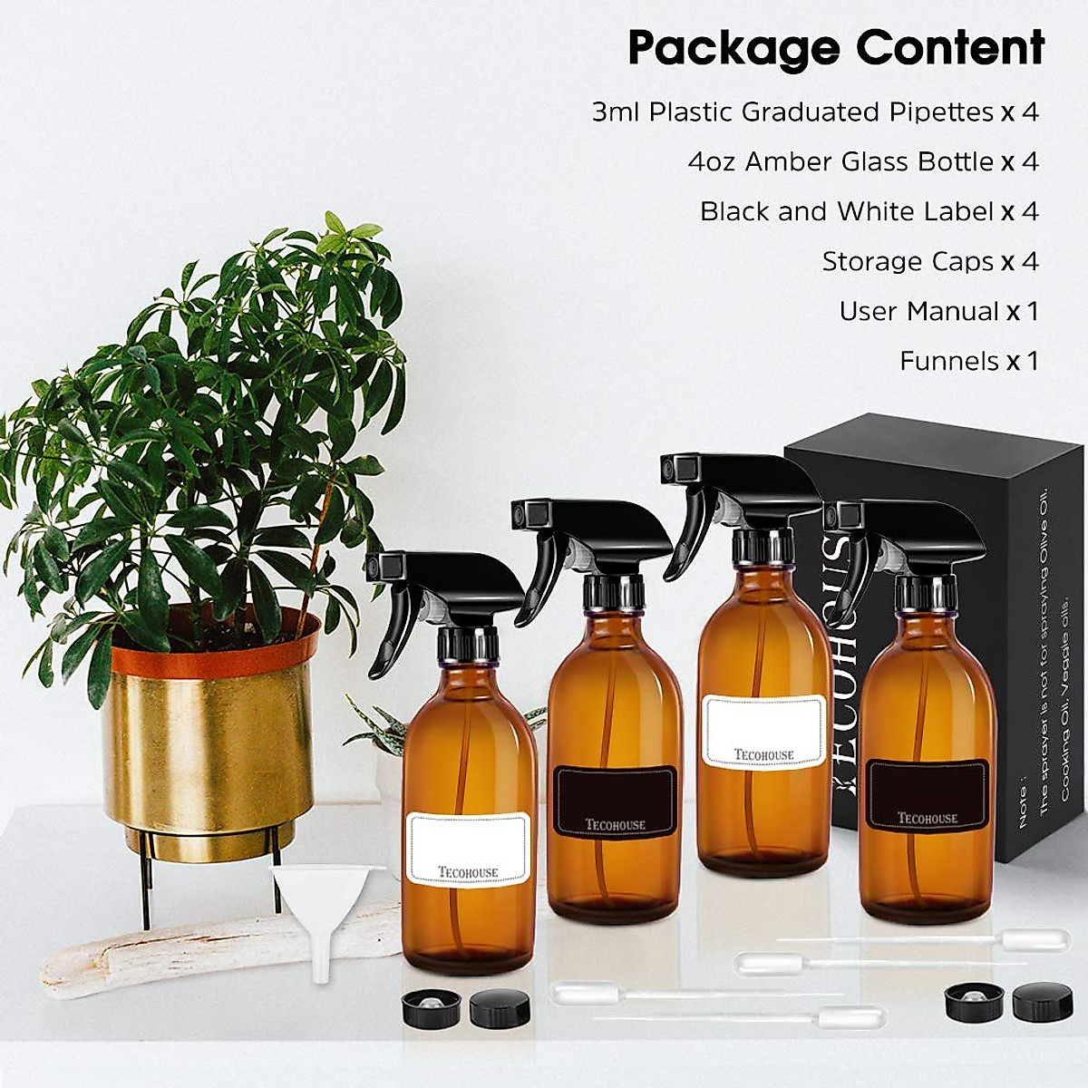 TECOHOUSE Glass Spray Bottle for Cleaning Solutions and Essential Oils, 4 oz Empty Refillable Sprayer Container with Labels, Funnel, Lids, Graduated Pipettes - Pocket Size 4 Pack (Amber)