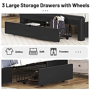 Upholstered Queen Size Platform Bed Frame with 3 Storage Drawers and Headboard, PU Leather Queen Storage Bed with USB Charging Station and Wooden Slats Support, Noise Free, Black