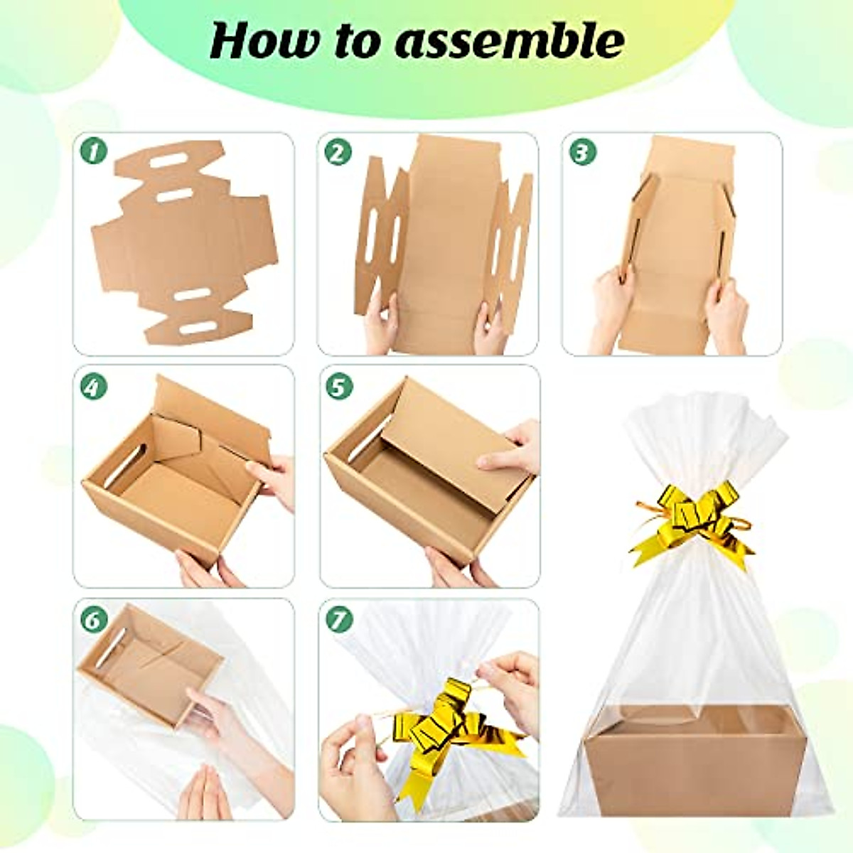 110 Pcs Large Empty Gift Basket DIY Basket for Gifts Empty Kit 30 Pcs 10 x 8.5 x 3.5 Inch Kraft Market Tray with Handle Fruit Cardboard Basket with 40 Bags 40 Gold Bows for Holiday Birthday Gift