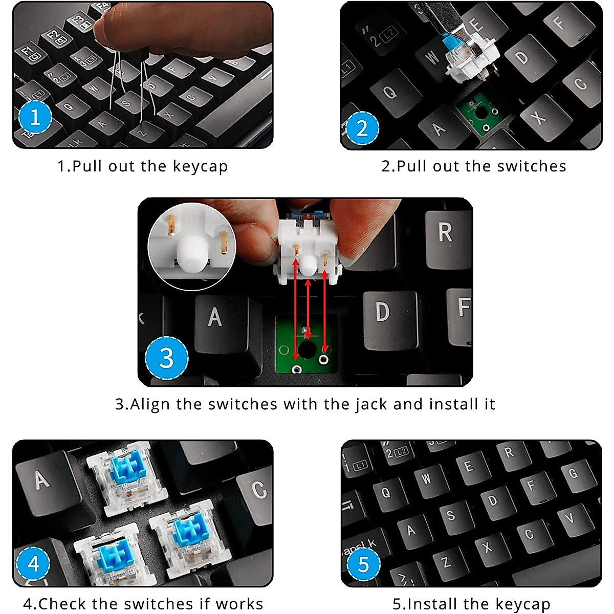 XuanGui OUTEMU (Gaote) Keyboard Switches, Black/Red/Brown/Blue Switches 3 Pin Keyswitch DIY Replaceable Cherry MX Equivalent Switches with Switch Puller for Mechanical Gaming Keyboard, 20 Pack