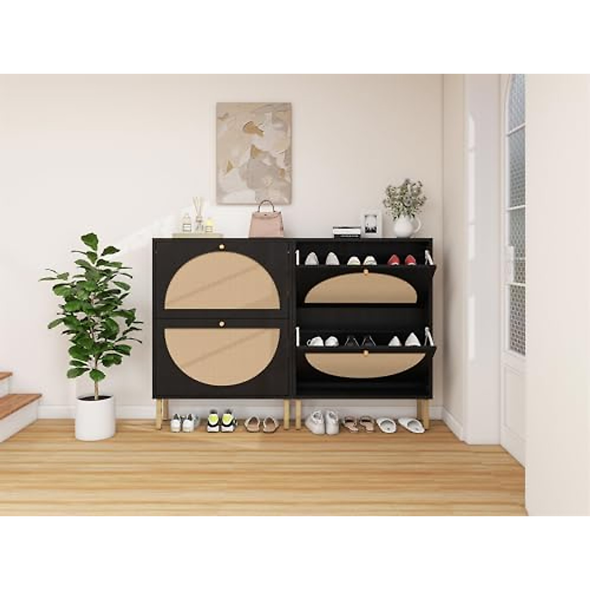 ZeHuoGe Natural Rattan Shoe Cabinet with 2 Flip Drawers, Entrance Hallway Slim Entryway Shoe Organizer, Black Shoe Rack Storage Cabinet for Modern Heels, Boots, Slippers (Black)
