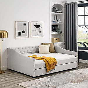 Antetek Daybed with Trundle, Modern Linen Upholstered Full Size Day Bed Button-Tufted Sofa Daybed Frame and A Trundle, No Box Spring Needed, Furniture for Bedroom Living Room Guest Room (Beige, Full)