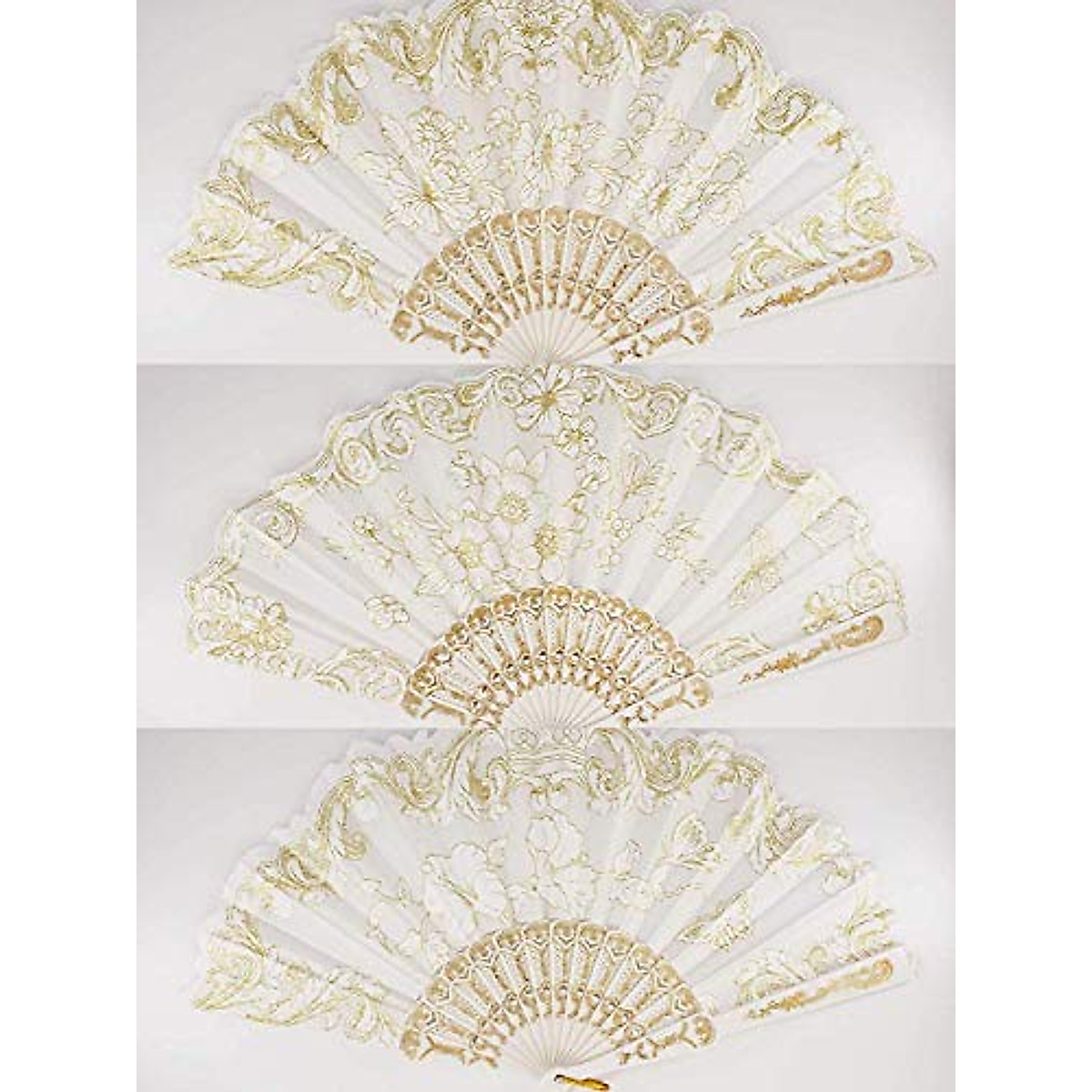 12 Pc Mix Spanish Style White and Gold Glitter Floral Pattern Folding Fan for Wedding Party Decor/Sweet 15 favors/Dancing Hand Fan/Table Setting/Wall Decoration/Out Door Wedding/Wedding Gift