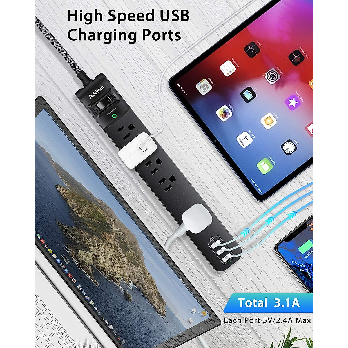 2 Pack Power Strip Surge Protector - 5 Widely Spaced Outlets 3 USB Charging Ports, 1875W/15A with 6Ft Braided Extension Cord, Flat Plug, Overload Surge Protection, Wall Mount for Home Office