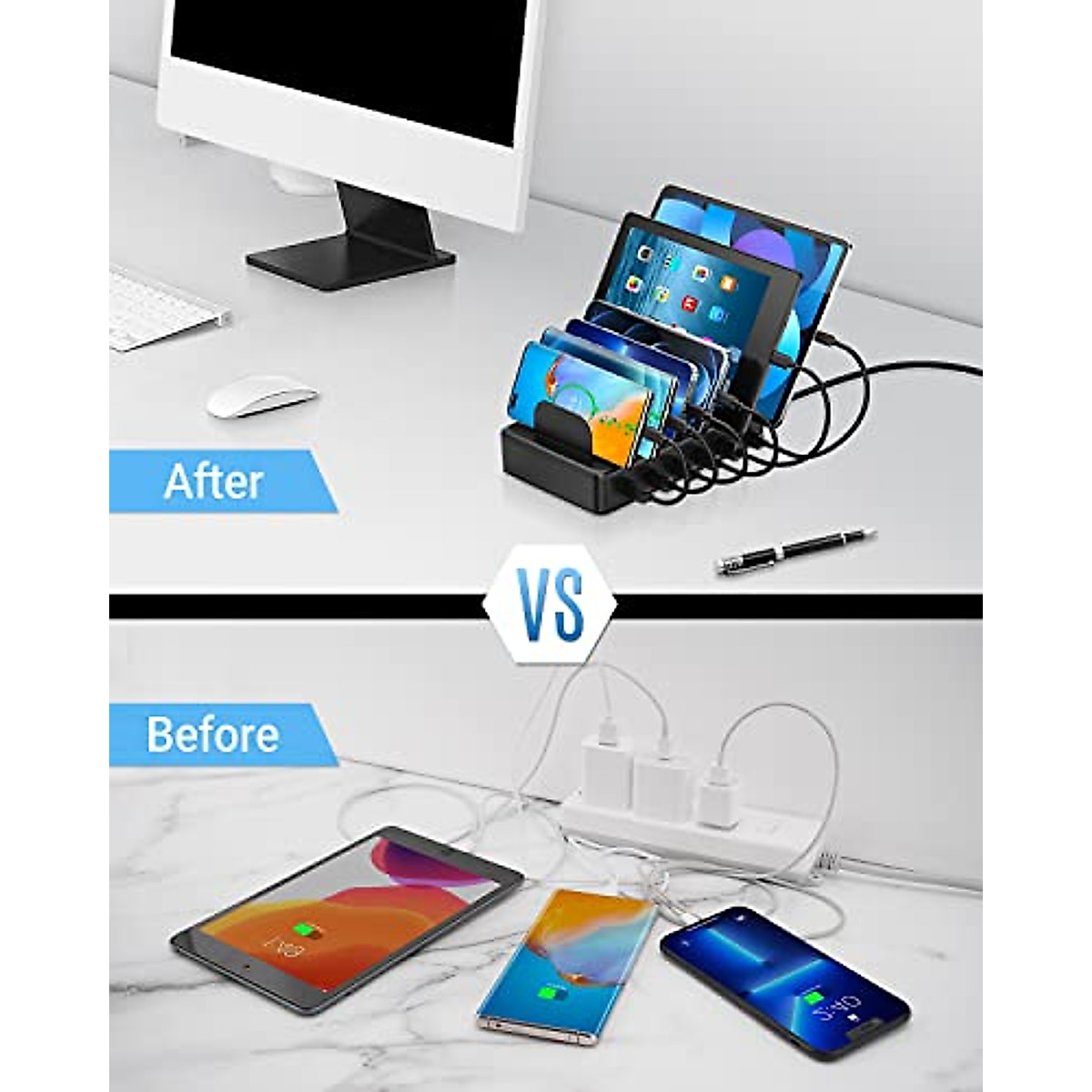 Charging Station for Multiple Devices, ALFUEL 50W 6 Port USB Charging Station Dock with 6 Charging Cables, Charger Station Organizer for iPhone, Android, Tablets, Kindle, Smart Watch - Black