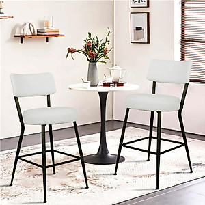 Sucrever 24” Boucle Bar Stools Set of 2, Counter Height Bar Stools with Back, Sherpa Barstools with Black Metal Legs/Footrest, Cream White