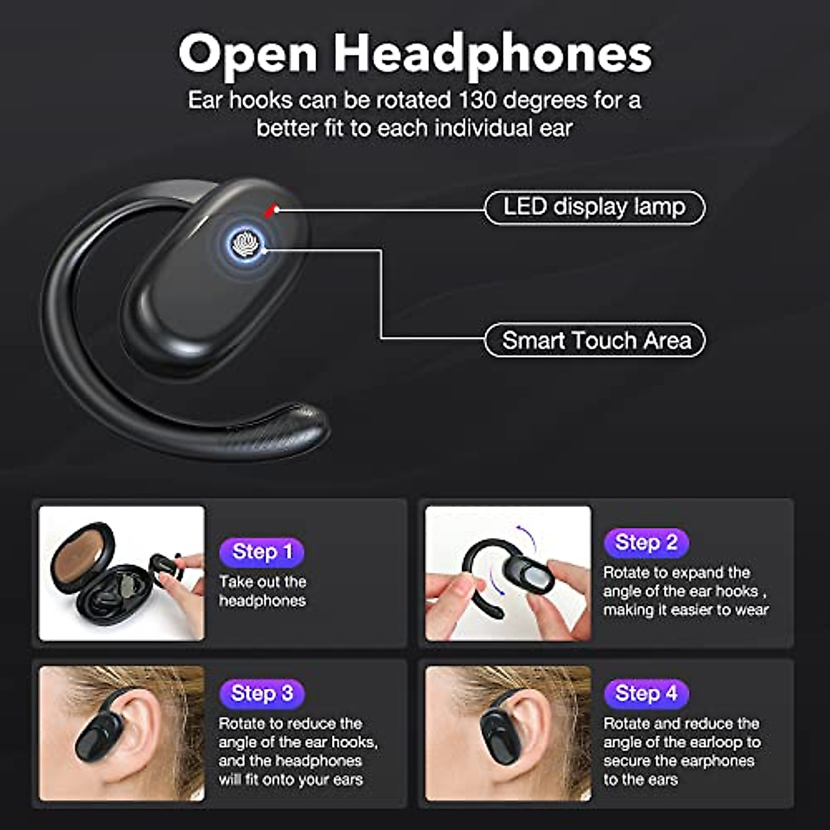 CNIOEPL Open Ear Headphones, Bluetooth 5.3 Wireless Headphones with 130 Degree Adjustable Earhooks, Noise Cancellation Headphone with Charging Case, Waterproof Open Ear Earbuds for Workout