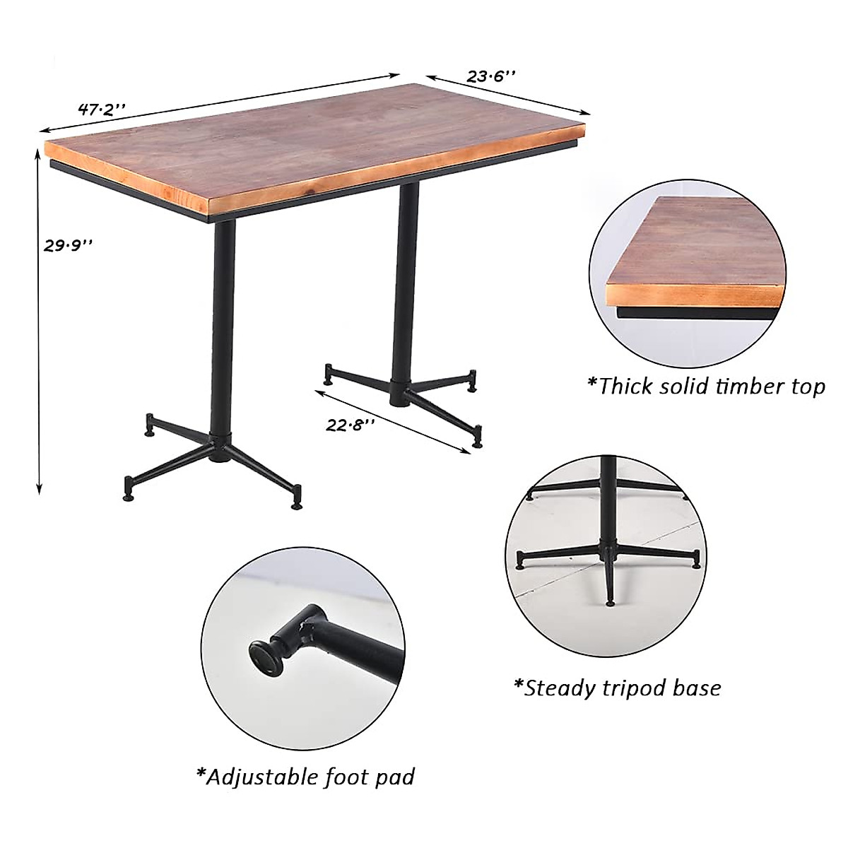 GWAREZ 47.2'' Length Rectangle Solid Wood Top Dining Table with Steady Tripod Base for Dining Room, Kitchen - Black