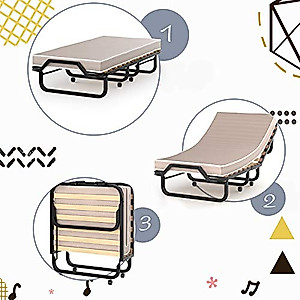 Renatone Folding Bed w/ 4” Mattress, Portable Guest Bed w/Memory Foam Mattress & Sturdy Metal Frame, Cot Size Rollaway Bed for Adults (Wood)