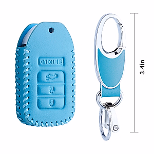 ANSOZLEE Genuine Leather Smart Key Keyless Remote Entry Fob Case Cover with Key Chain Suitable for Honda Civic, Fit, CR-V，Accord, Pilot (Blue)