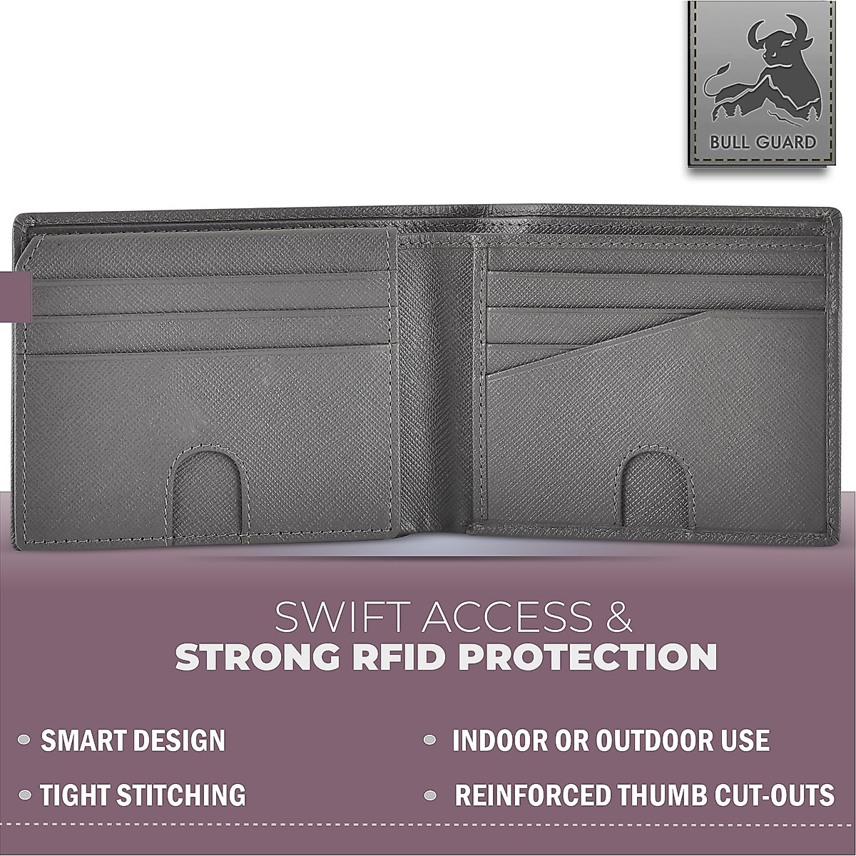 BULLGUARD Mens RFID Blocking Wallet Bifold with Flip Up ID in Saffiano Grey Genuine Leather