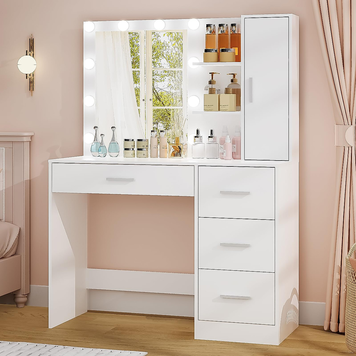 usikey Makeup Vanity with Lights, Vanity Desk with Mirror and 10 LED Lights, Vanity Table Set with 4 Drawers, Cabinet & 4 Necklace Hooks, Dressing Table for Bedroom, White